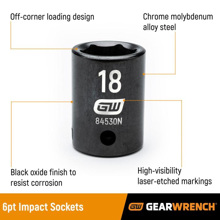 19 Pc. 1 2 Drive 6 Point Standard Impact SAE Socket Set Gearwrench